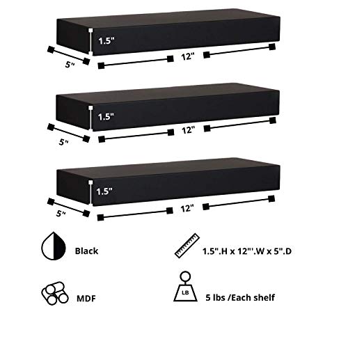 Kiera Grace Modern Set of Three Maine Simple & Classic Decorative Engineered Wood Floating Wall Shelves for Home, Room, & Office, 12" L x 5" W x 1.5" H, Black, 5 x 12 x 1.5 inches, Pack of 3, 3 Count