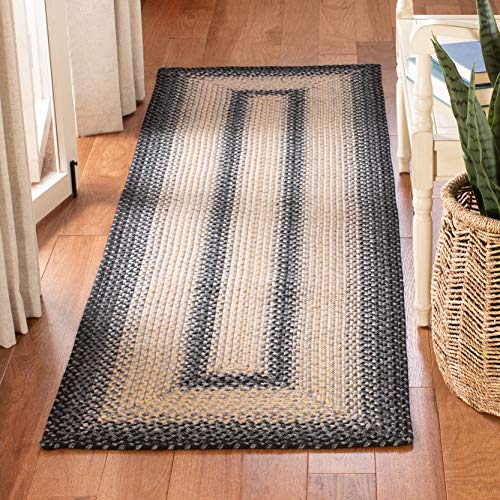 SAFAVIEH Braided Collection 2'3" x 8' Black / Grey BRD311A Handmade Country Cottage Reversible Runner Rug