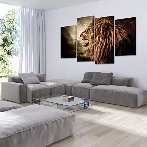 Kreative Arts - 4 Panel Wall Art Lion Painting Print On Canvas Animal Pictures For Home Decor Decoration Gift Piece Stretched By Wooden Frame Ready To Hang