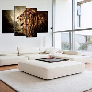 Kreative Arts - 4 Panel Wall Art Lion Painting Print On Canvas Animal Pictures For Home Decor Decoration Gift Piece Stretched By Wooden Frame Ready To Hang