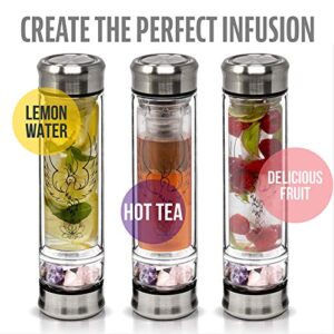 Phoenix Crystal Water bottle, a Loose Leaf Tea Infuser Bottle, double wall glass for hot and cold drinks. Large Rose Quartz Crystal and Amethyst Stone. Eco-friendly & relaxing gifts for women