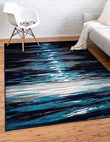 Unique Loom Metro Collection Abstract Water Modern Waves Seascape, Coastal, Nautical Area Rug, 8 ft x 10 ft, Navy Blue/Turquoise