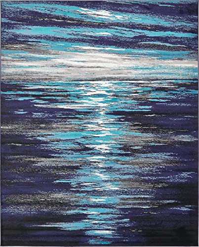 Unique Loom Metro Collection Abstract Water Modern Waves Seascape, Coastal, Nautical Area Rug, 8 ft x 10 ft, Navy Blue/Turquoise