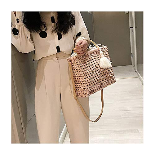 QTKJ Fashion Women Summer Straw Crossbody Bag with Cute Tassels Pendant, Hand-Woven Beach Shoulder Bag with Top Wooden Handle Tote Bag (Khaki)