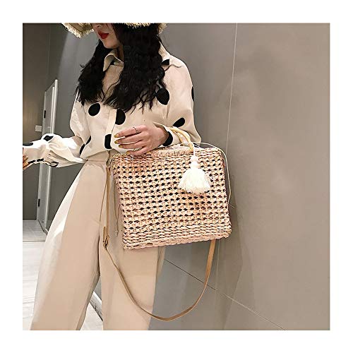 QTKJ Fashion Women Summer Straw Crossbody Bag with Cute Tassels Pendant, Hand-Woven Beach Shoulder Bag with Top Wooden Handle Tote Bag (Khaki)