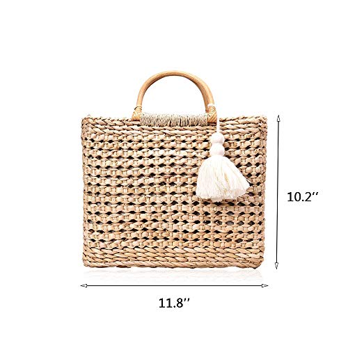 QTKJ Fashion Women Summer Straw Crossbody Bag with Cute Tassels Pendant, Hand-Woven Beach Shoulder Bag with Top Wooden Handle Tote Bag (Khaki)