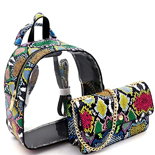 Multicolor Snake Print Stadium Clear Womens Fashion Backpack Purse Crossbody SET (Multi 1 - Green/Blue/Fuchsia)