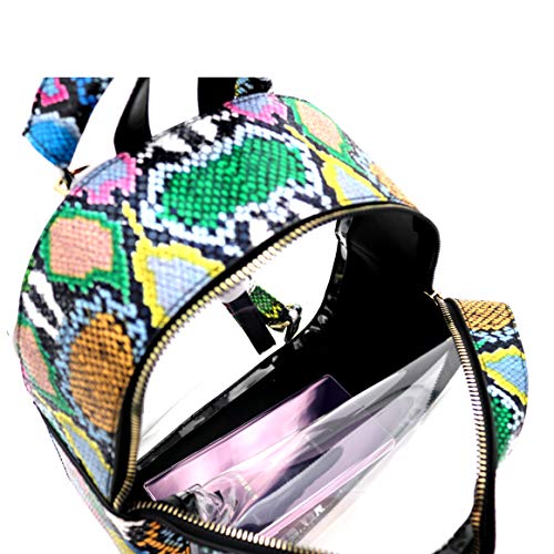 Multicolor Snake Print Stadium Clear Womens Fashion Backpack Purse Crossbody SET (Multi 1 - Green/Blue/Fuchsia)