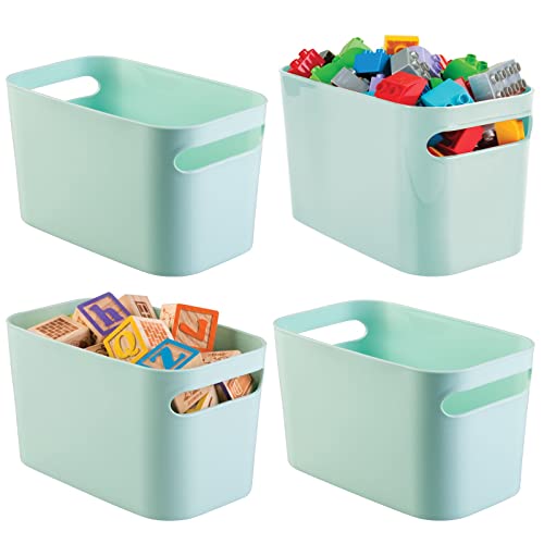 mDesign Plastic Toy Box Storage Organizer Tote Bin with Handles for Child/Kids Bedroom, Toy Room, Playroom - Holds Action Figures, Crayons, Building Blocks, Puzzles, Crafts - 10"L, 4 Pack - Mint Green