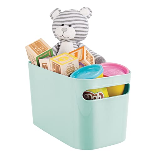 mDesign Plastic Toy Box Storage Organizer Tote Bin with Handles for Child/Kids Bedroom, Toy Room, Playroom - Holds Action Figures, Crayons, Building Blocks, Puzzles, Crafts - 10"L, 4 Pack - Mint Green