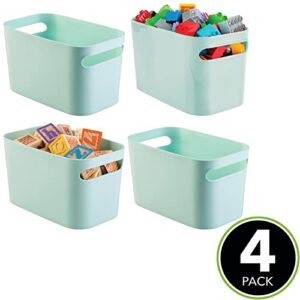 mDesign Plastic Toy Box Storage Organizer Tote Bin with Handles for Child/Kids Bedroom, Toy Room, Playroom - Holds Action Figures, Crayons, Building Blocks, Puzzles, Crafts - 10"L, 4 Pack - Mint Green