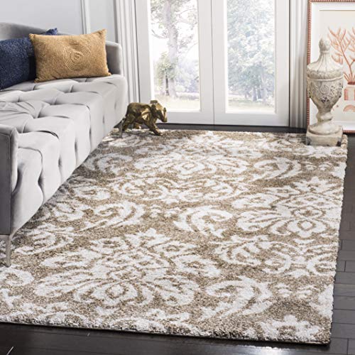 SAFAVIEH Florida Shag Collection 5'3" x 7'6" Beige/Cream SG460 Damask Non-Shedding Living Room Bedroom Dining Room Entryway Plush 1.2-inch Thick Area Rug