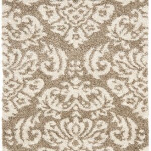 SAFAVIEH Florida Shag Collection 5'3" x 7'6" Beige/Cream SG460 Damask Non-Shedding Living Room Bedroom Dining Room Entryway Plush 1.2-inch Thick Area Rug