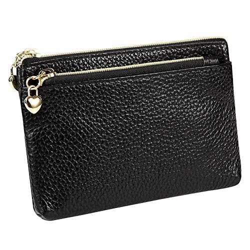 Women's Genuine Leather Coin Purse Zipper Pocket Size Pouch Change Wallet, Black