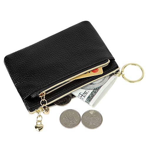 Women's Genuine Leather Coin Purse Zipper Pocket Size Pouch Change Wallet, Black