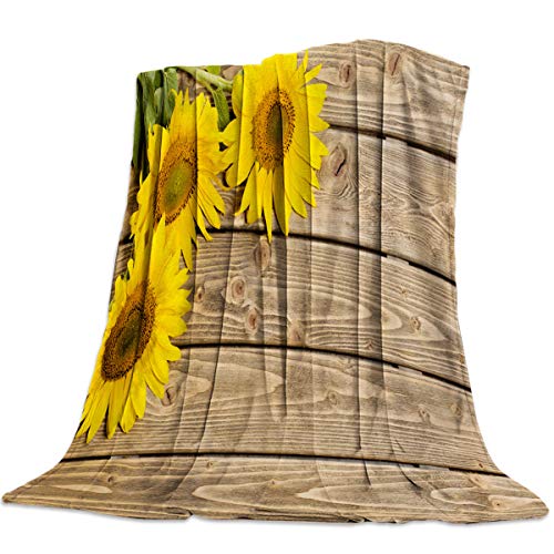 Luxury Fannel Blanket Super Soft and Warm Fuzzy Plush Throw Blanket Sunflower on Rustic Wood Plank Country Theme Lightweight Couch Bed Blankets Easy Care Premium Blanket Throw 40 x 50 Inch