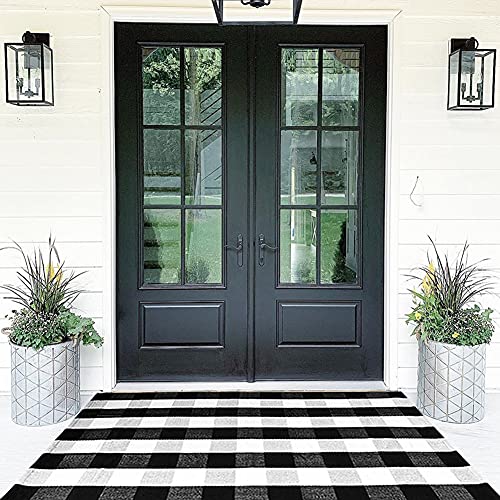 CAINANEL Buffalo Plaid Rugs Cotton Black and White Check Rug 35.4'' x 59''Hand-Woven Indoor/Outdoor Area Rug for Welcome Door Mat, Front Porch,Kitchen,Bathroom,Entry Way,Living Room (3' x 5')