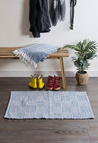 CC Home Furnishings 24" x 36" Blue and White Striped Squares Reversible Recycled Rag Rug