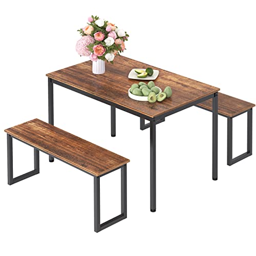 DlandHome Dining Table Set for 4, Kitchen Table Set with 2 Benches, 3 Piece Dining Room Table and Benches, Kitchen Coffee Table Set for Flats, Industrial Style Wooden Kitchen and Dining Room Set