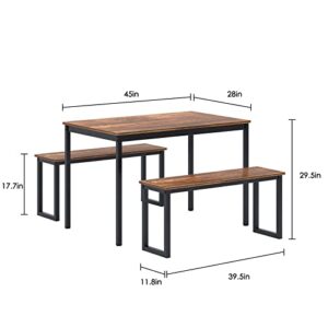 DlandHome Dining Table Set for 4, Kitchen Table Set with 2 Benches, 3 Piece Dining Room Table and Benches, Kitchen Coffee Table Set for Flats, Industrial Style Wooden Kitchen and Dining Room Set