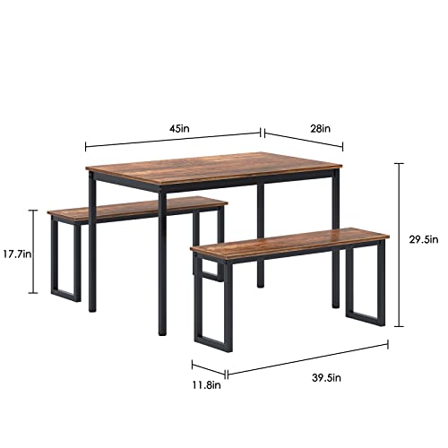 DlandHome Dining Table Set for 4, Kitchen Table Set with 2 Benches, 3 Piece Dining Room Table and Benches, Kitchen Coffee Table Set for Flats, Industrial Style Wooden Kitchen and Dining Room Set