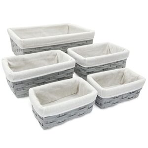 5 piece grey wicker baskets with cloth lining for storage, lined bins for organizing closet shelves (3 sizes)