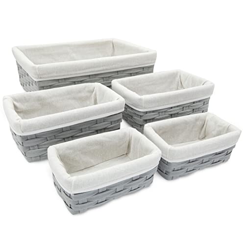 5 Piece Grey Wicker Baskets with Cloth Lining for Storage, Lined Bins for Organizing Closet Shelves (3 Sizes)