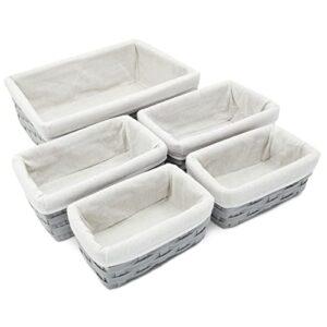 5 Piece Grey Wicker Baskets with Cloth Lining for Storage, Lined Bins for Organizing Closet Shelves (3 Sizes)