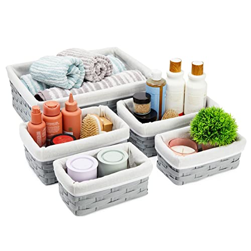 5 Piece Grey Wicker Baskets with Cloth Lining for Storage, Lined Bins for Organizing Closet Shelves (3 Sizes)