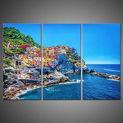 3 Pieces Modern Canvas Painting Wall Art The Picture for Home Decoration Cityscape Traditional Port Mediterranean Sea Cinque Terre Italy Coast Landscape Print On Canvas Giclee Artwork for Wall Decor