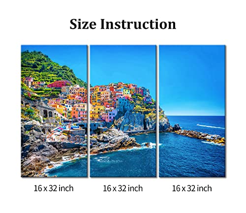 3 Pieces Modern Canvas Painting Wall Art The Picture for Home Decoration Cityscape Traditional Port Mediterranean Sea Cinque Terre Italy Coast Landscape Print On Canvas Giclee Artwork for Wall Decor