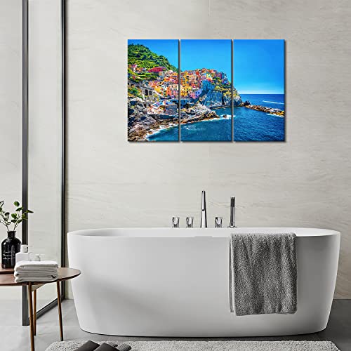 3 Pieces Modern Canvas Painting Wall Art The Picture for Home Decoration Cityscape Traditional Port Mediterranean Sea Cinque Terre Italy Coast Landscape Print On Canvas Giclee Artwork for Wall Decor