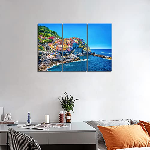 3 Pieces Modern Canvas Painting Wall Art The Picture for Home Decoration Cityscape Traditional Port Mediterranean Sea Cinque Terre Italy Coast Landscape Print On Canvas Giclee Artwork for Wall Decor