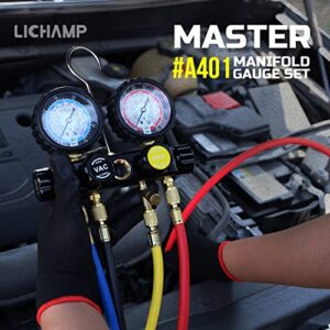 Lichamp HVAC Gauges with Hoses, AC Manifold Gauge Set R410a R134a R12 R22 Refrigerant Gauges