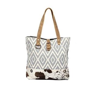 myra bag vacation upcycled canvas & cowhide tote bag s-1347