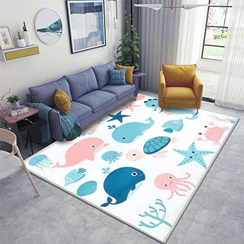 Cute Vector Ocean Set with sea Creatures for Girls and Boys Summer Area Rugs Floor Mat Non Slip Throw Rugs Soft Door Mat Nursery Carpet for Living Room Home Indoor Outdoor Runner Rugs Yoga Mat