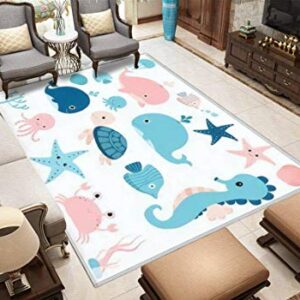 Cute Vector Ocean Set with sea Creatures for Girls and Boys Summer Area Rugs Floor Mat Non Slip Throw Rugs Soft Door Mat Nursery Carpet for Living Room Home Indoor Outdoor Runner Rugs Yoga Mat