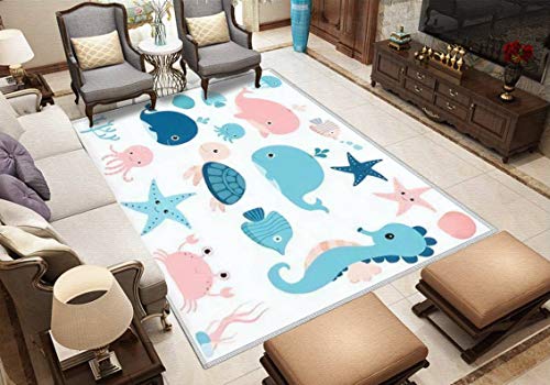 Cute Vector Ocean Set with sea Creatures for Girls and Boys Summer Area Rugs Floor Mat Non Slip Throw Rugs Soft Door Mat Nursery Carpet for Living Room Home Indoor Outdoor Runner Rugs Yoga Mat