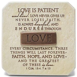 lighthouse christian products love endures sandstone 3.75 x 3.75 cast stone bronze title bar plaque