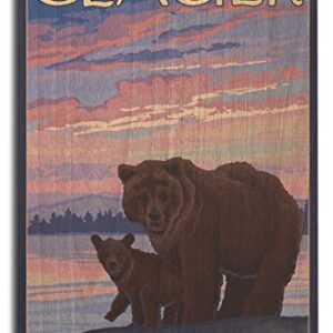 Glacier National Park, Montana, Bear and Cub Birch Wood Wall Sign (10x15 Rustic Home Decor, Ready to Hang Art)