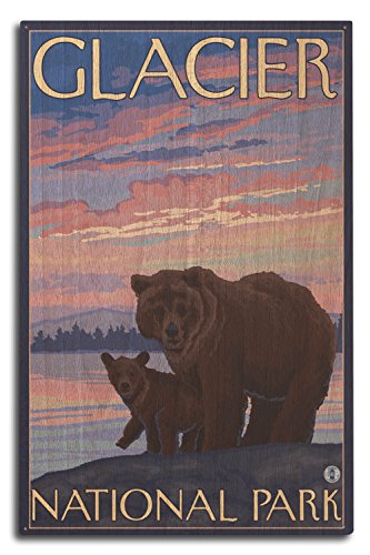 Glacier National Park, Montana, Bear and Cub Birch Wood Wall Sign (10x15 Rustic Home Decor, Ready to Hang Art)