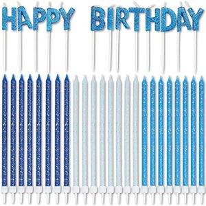 happy birthday cake topper letters with long thin glitter candles in holders (37 pack)