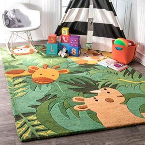 nuloom kinder safari friends wool area rug, 3′ 6″ x 5′ 6″, green