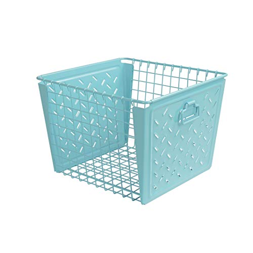 Spectrum Diversified Macklin, Stamped Steel & Wire Basket for Closet & Cubby Storage Vintage-Inspired Design with Customizable Label Plate, Large, Teal