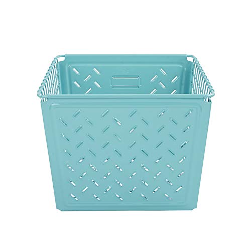 Spectrum Diversified Macklin, Stamped Steel & Wire Basket for Closet & Cubby Storage Vintage-Inspired Design with Customizable Label Plate, Large, Teal