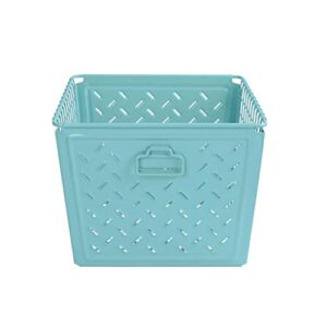 Spectrum Diversified Macklin, Stamped Steel & Wire Basket for Closet & Cubby Storage Vintage-Inspired Design with Customizable Label Plate, Large, Teal