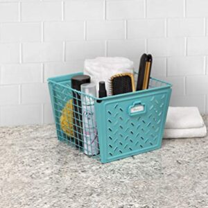 Spectrum Diversified Macklin, Stamped Steel & Wire Basket for Closet & Cubby Storage Vintage-Inspired Design with Customizable Label Plate, Large, Teal