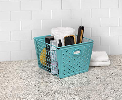 Spectrum Diversified Macklin, Stamped Steel & Wire Basket for Closet & Cubby Storage Vintage-Inspired Design with Customizable Label Plate, Large, Teal