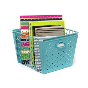 Spectrum Diversified Macklin, Stamped Steel & Wire Basket for Closet & Cubby Storage Vintage-Inspired Design with Customizable Label Plate, Large, Teal