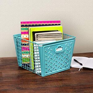 Spectrum Diversified Macklin, Stamped Steel & Wire Basket for Closet & Cubby Storage Vintage-Inspired Design with Customizable Label Plate, Large, Teal